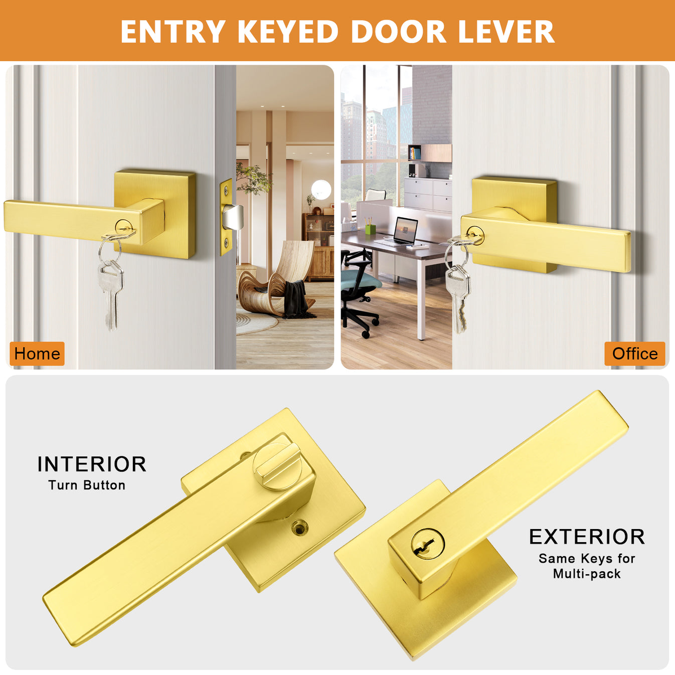 Heavy Duty Door Levers Locks Gold Finish Keyed Alike/Keyed Dummy Door ...