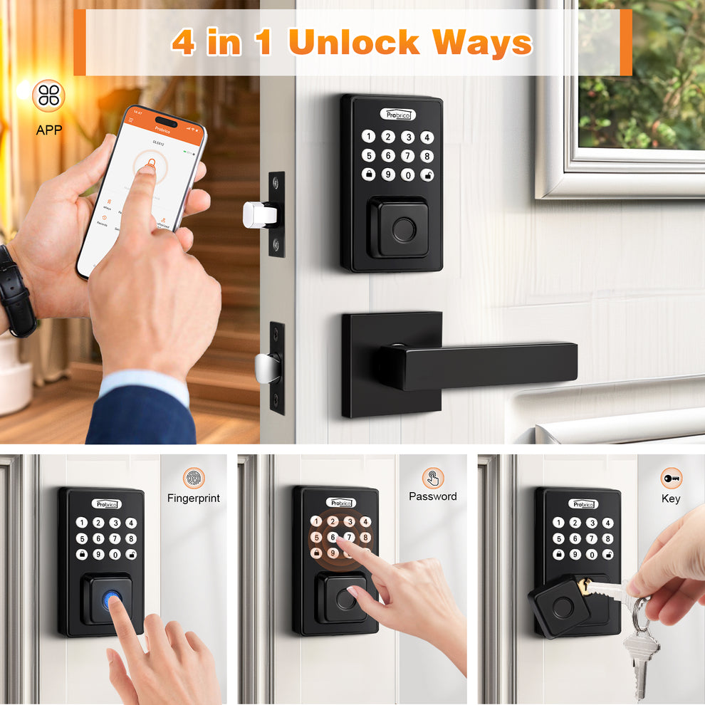 Probrico Smart Keyless Entry Door Lock Deadbolt with Handle Set, Black
