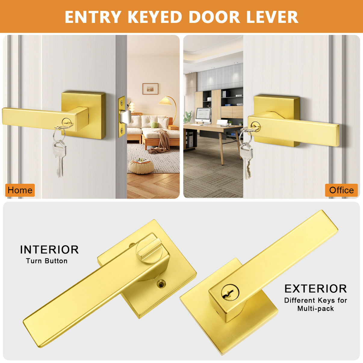 Heavy Duty Door Levers Locks Gold Finish Keyed Alike/Keyed Dummy Door ...