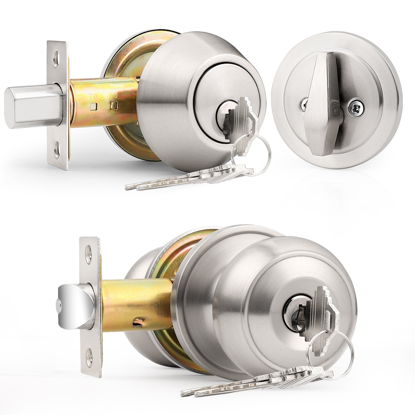 Keyed Alike Entry Door Lock Knob with Single Cylinder Deadbolt, Brushe ...