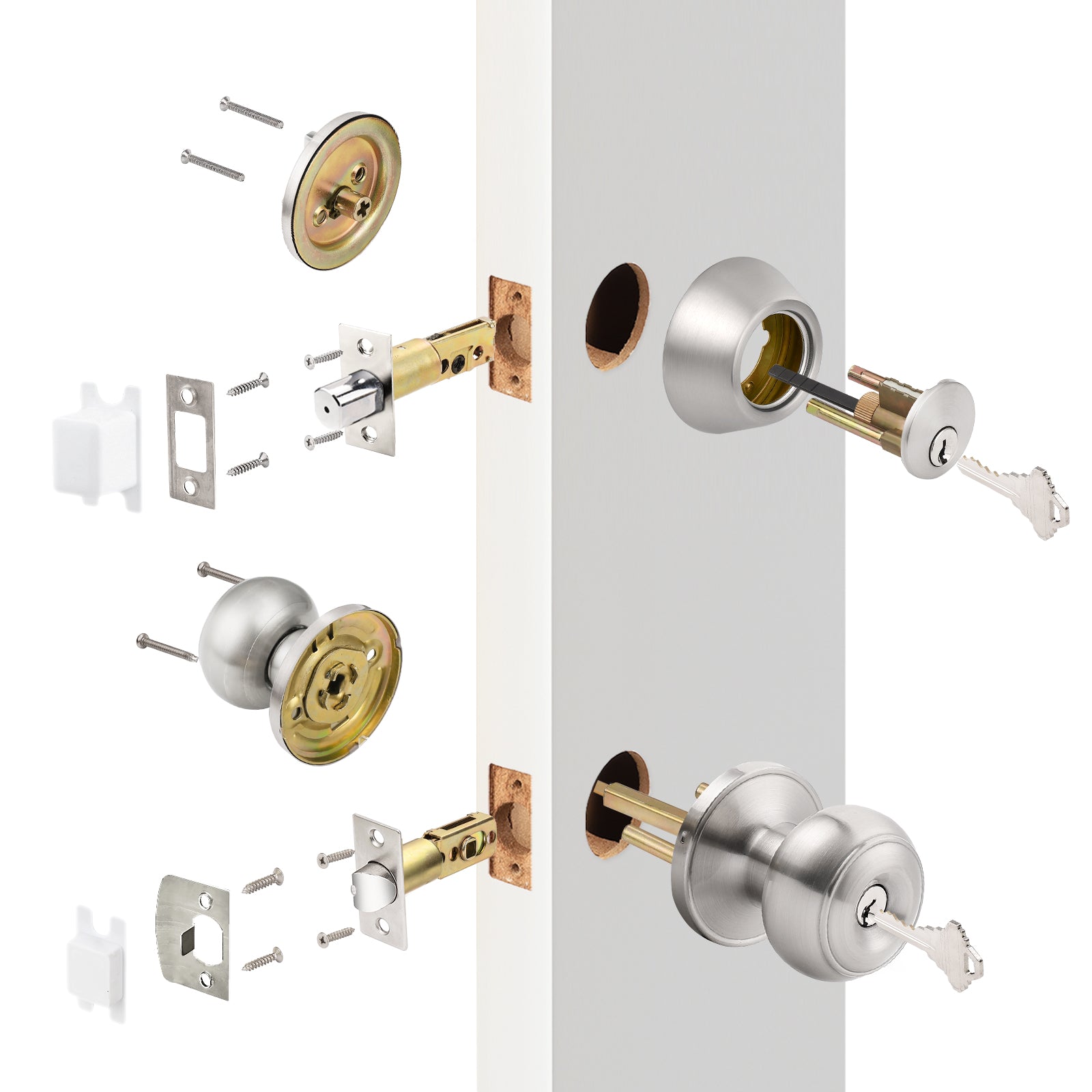 Keyed Alike Entry Door Lock Knob with Single Cylinder Deadbolt, Brushe ...