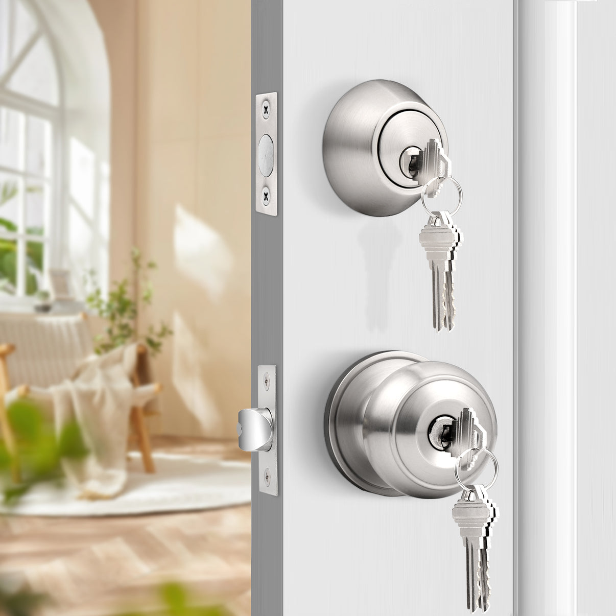 Keyed Alike Entry Door Lock Knob with Single Cylinder Deadbolt, Brushe ...