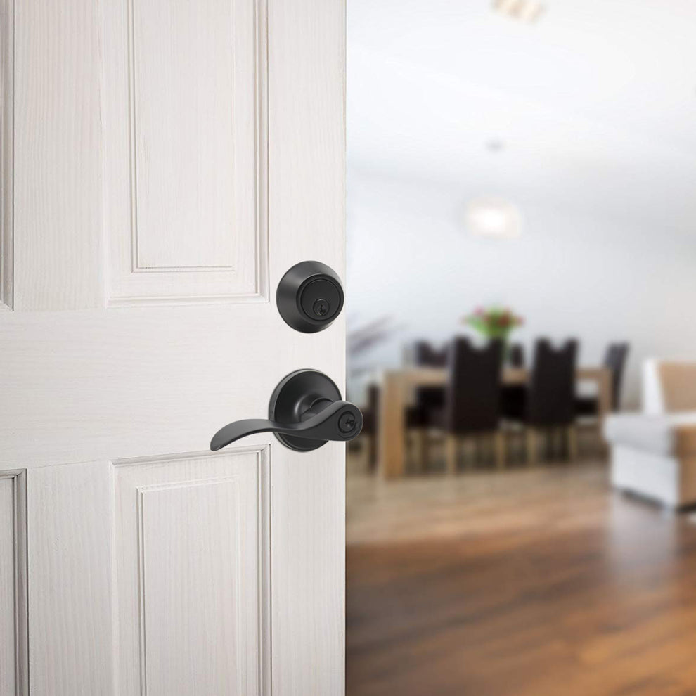 Wave Style Door Lever Lock with Double Cylinder Deadbolt Combo Packs B ...