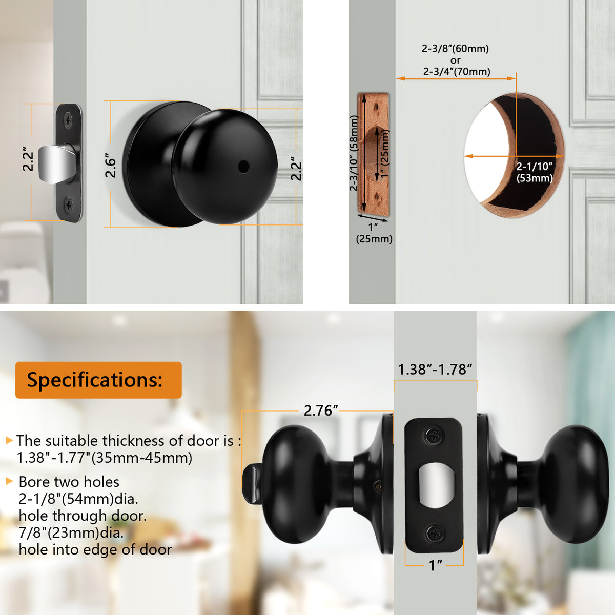Probrico Door Knobs Interior Door Locks in Matte Black Finish, Ball Kn