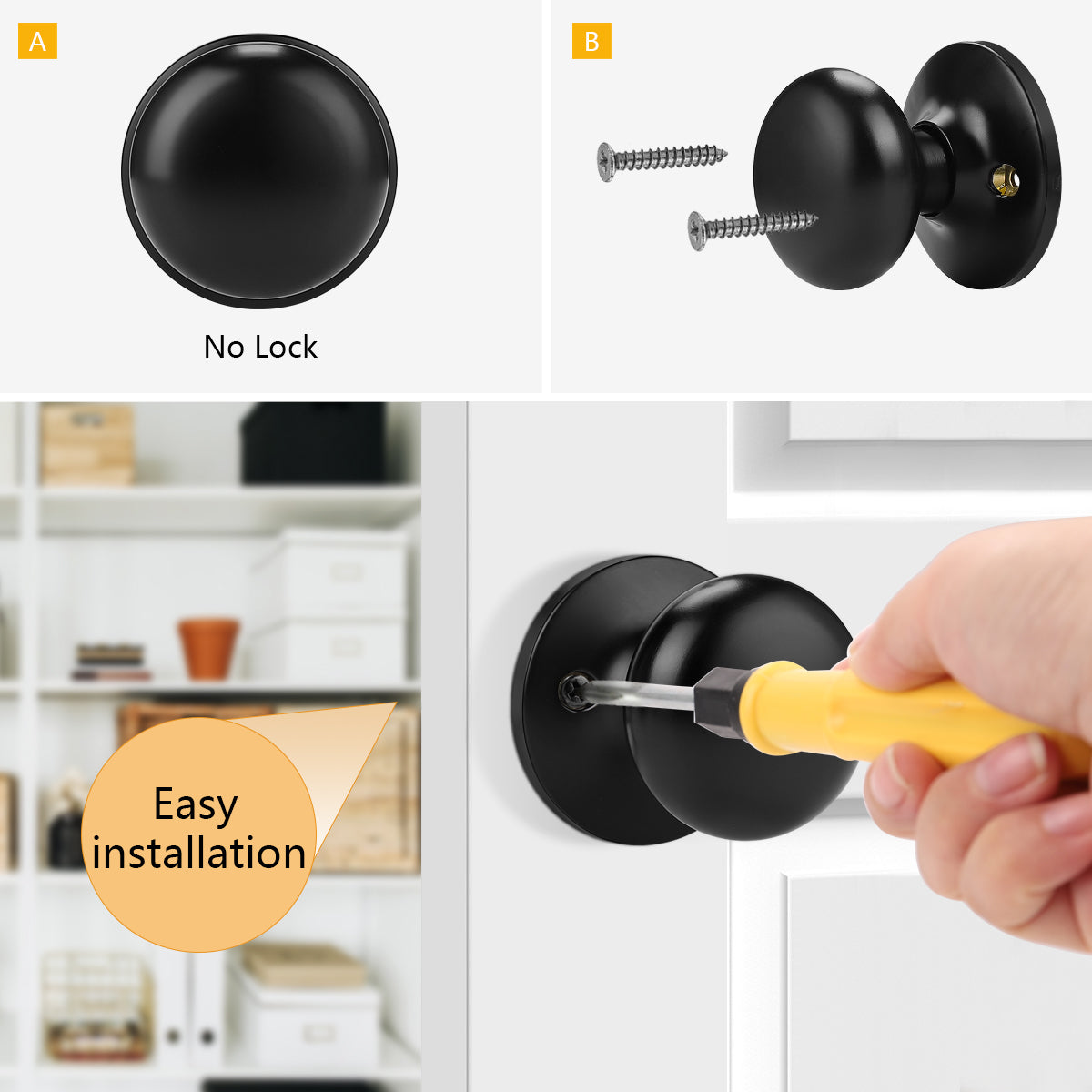 Probrico Door Knobs Interior Door Locks in Matte Black Finish, Ball Kn